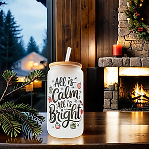 Hogg 16oz Christmas Glasses - Silent Night Design, Cute Christmas Stuff, Glass Cup with Lid and Straw, Xmas Gifts for Women