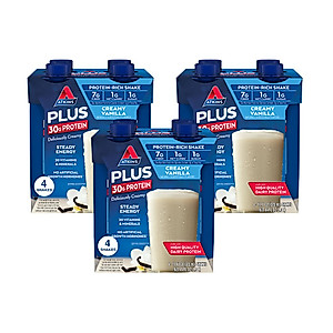 Atkins Creamy Vanilla PLUS Protein Shake, 30g Protein, 7g Fiber, 1g Net Carb, 1g Sugar, Keto Friendly, Low Carb, High Protein Drink, 12 Count