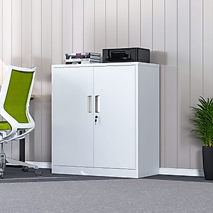 JINKUR Metal Storage Cabinet with Locking Doors and 2 Adjustable Shelves, Small Lockable Steel Storage Cabinets for Home Office Garage Kitchen Pantry (White)