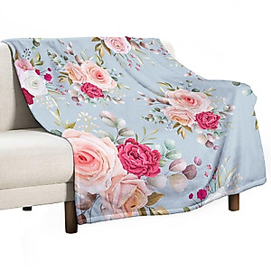 Floral Twig Theme Blanket, Bird On A Twig, Blue Background Theme Flannel Soft Blanket, Women Women Sofa Warm Blanket 60"x80"