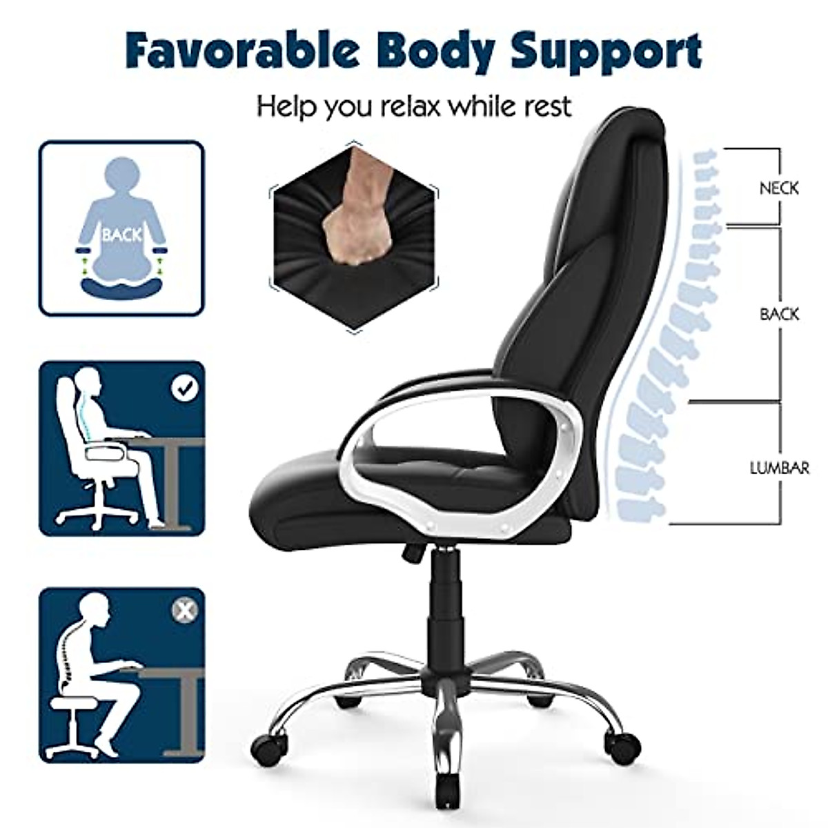 AYEASY Office Chair with High Back Padded Armrests, Lumbar Support Tall Executive Office Chair, Ergonomic Comfort Modern Leather Chair, Adjustable Height Black Desk Chair with 360 Swivel PA Wheels