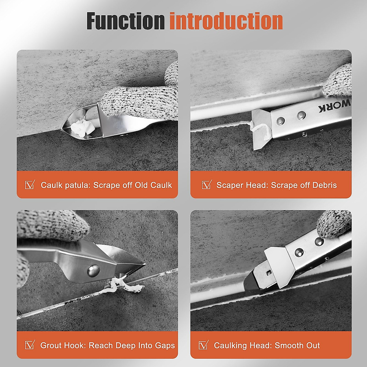 Caulking Tool Kit, Stainless Steel Caulk Remover Caulking Tool Set with Cut Resistant Gloves, Scraper, Silicone Caulking Tools, 4 in 1 Caulking Finishing Tool for Bathroom Kitchen Living Room