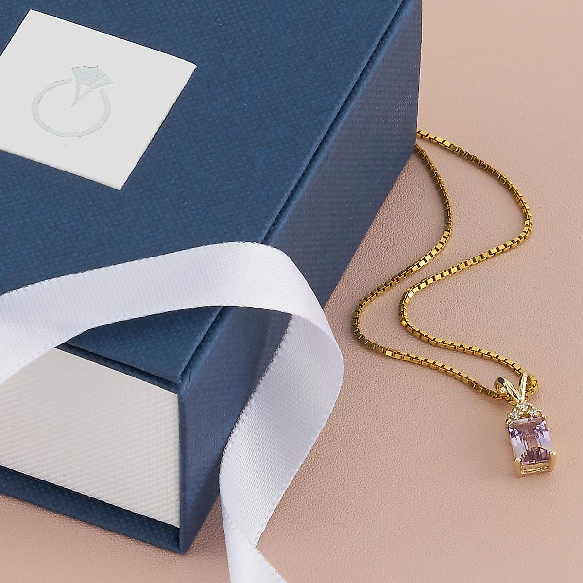 PEORA Solid 14K Yellow Gold Ametrine with Diamonds Pendant for Women, Genuine Gemstone Solitaire, Emerald Cut, 7x5mm, 1 Carat total