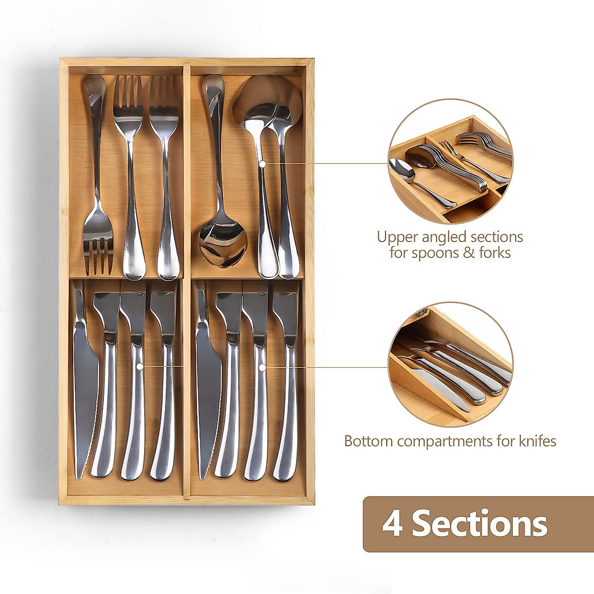 JSVER Silverware Organizer Kitchen Drawer Organizer, 4 Compartments Utensil Organizer for Flatware Cutlery Knives, Forks, Spoons, Bamboo Silverware Drawer Organizer For Kitchen