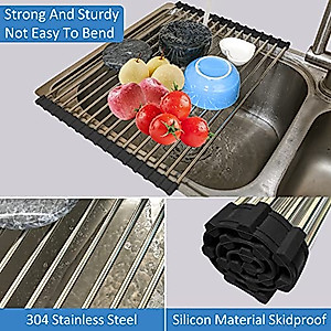 Ahyuan Roll up Dish Drying Rack Over The Sink Kitchen Roll up Sink Drying Rack Portable Dish Drainer Foldable Dish Drying Rack (Stainless Steel 17.7''X11.8'', Black)