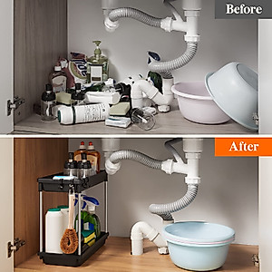 Lifewit Under Sink Organizer, 2 Tier Shelf Rack with 4 Hooks for Bathroom Cabinet Kitchen Countertop Office Holder Storage, Multi-purpose Baskets Holder for Space Saving, Easy Assembly, Black