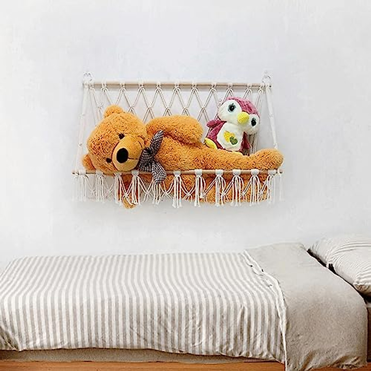 Stuffed Animal Net or Hammock,Boho Handmade Cute Stuffed Animals Storage For Hanging,Toy Storage Organizer For Kids Bedroom (Beige 3)