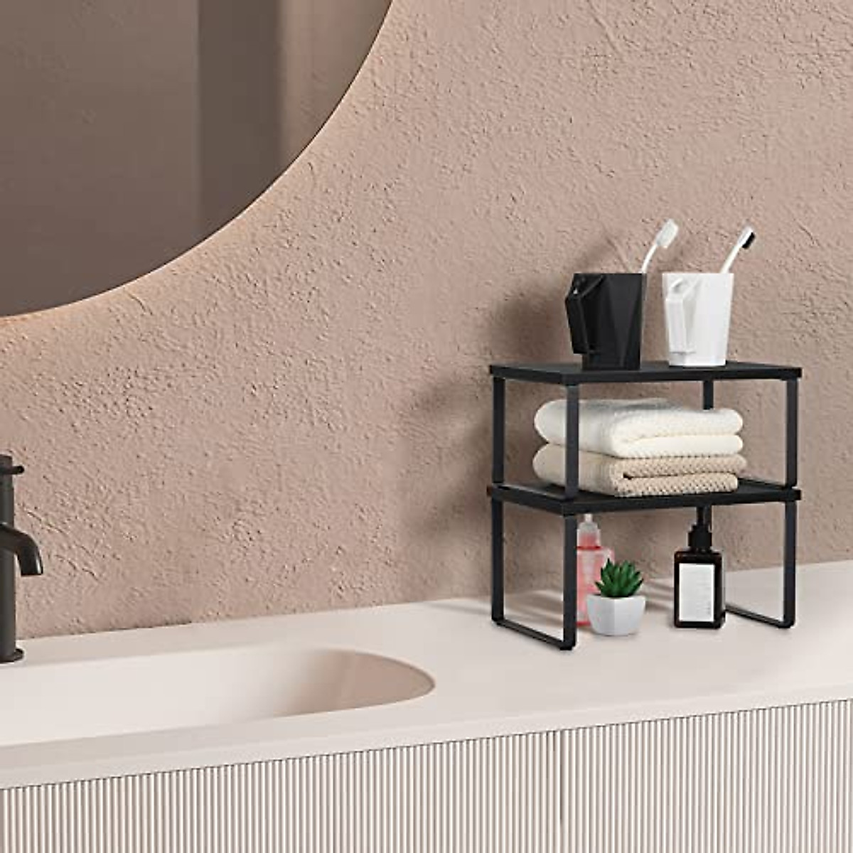 CADUKE Set of 4 Kitchen Counter Shelves Stackable Shelf Organizer Wood Countertop Shelf Expandable Cabinet Shelf Organizers Countertop Storage Rack for Pantry, Industrial Black