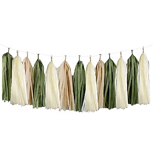 40Pcs Olive Green Tan Brown Cream Balloon Tissue Paper Pom Poms and Tassels Happy Birthday Banner for Eucalyptus Greenery Baby Shower Woodland Jungle Neutral Theme Party Decor