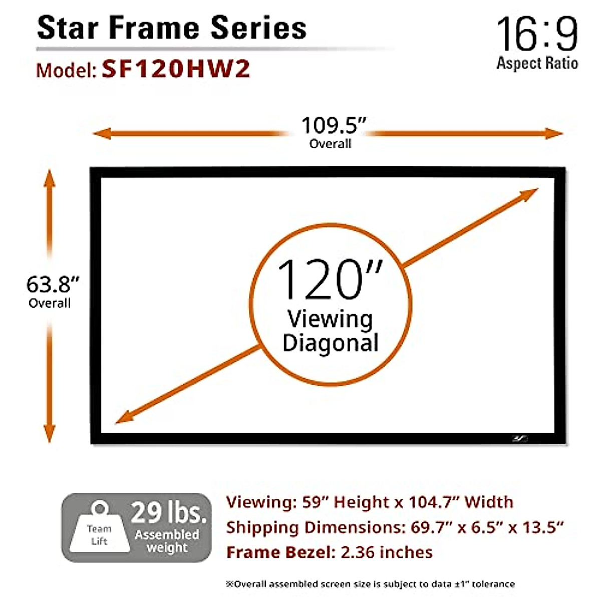 Elite Screens Star Frame Series, 120-INCH 16:9, Fixed Frame Home Movie Theater Projector/Projection Screen, 8K / 4K Ultra HD 3D Ready, SF120HW2