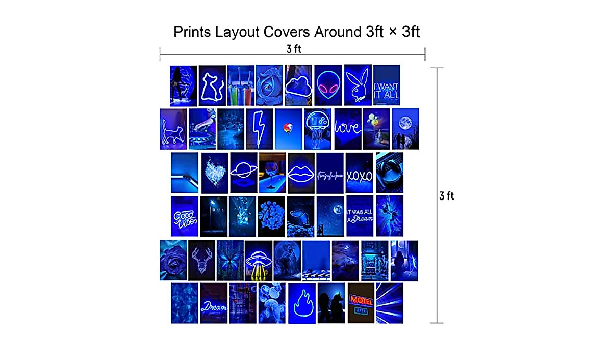 Blue Neon Wall Collage Kit - 50 Aesthetic Posters for Teen Bedrooms