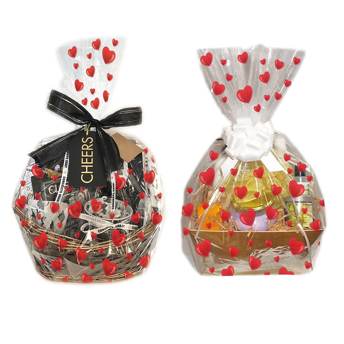 AnapoliZ Cellophane Wrap Bags with Hearts | (10 Pcs) X-Large 24” in X 30” in | 2.5 Mil Thick Crystal Clear Cellophane Bags with Hearts | Gifts, Baskets Wrapping | Valentines, Mother’s Day Baskets