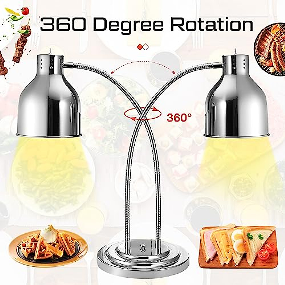 VIHOSE Food Heat Lamp Food Heat Preservation Lamp Commercial Food Warmer Light Portable Catering Heat Lamp for Restaurant Kitchen Food Heating Home Use Service Buffet, Dual Head, 250W Bulb, Silver