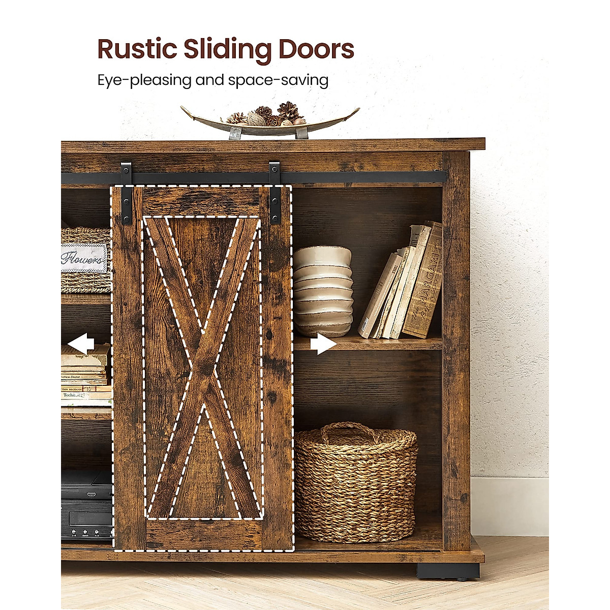 VASAGLE TV Stand with Storage and Sliding Barn Doors for 60-Inch Televisions, Entertainment Center Console, 53.9”, Rustic Brown