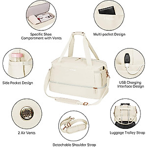 Travel Bag with Toiletry Bag, Gym Duffel Bag with USB Charging Port, Weekender Overnight Bag with Wet Pocket and Shoes Compartment for Women Travel, Gym, Yoga 4 Pcs Set, Beige