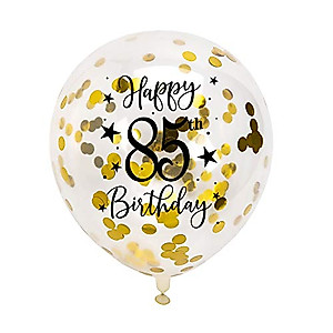 Gold 85th Confetti Latex Balloons, Woman or Man Happy 85 Years Birthday Party Balloon Decoration With Confetti, 12in, 16 Pack