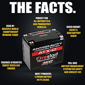 Antigravity ATX12 Performance Lithium Motorcycle Powersport Battery wth Built In Jump Starting, 6.1Ah. Replaces YTX12, YTX14, Honda, Yamaha, Kawasaki, Generators