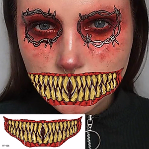 Halloween Temporary Horror Scary Mouth Tattoo Stickers Prank Props Makeup Costume Accessories Face Kit Men or Women Adults Kids Cosplay Party Masquerade