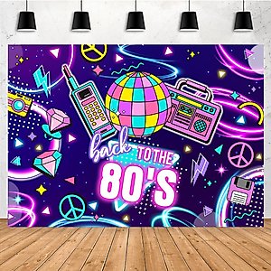 Aperturee 7x5ft Back to The 80s Party Backdrop Disco Theme Retro Style Photo 80's Birthday Music Disco Ball Mobile Phone Radio Photography Background 1980's Neon Eighties Photobooth Props
