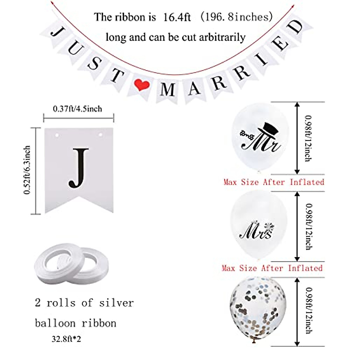 Just Married Car Decorations, JUST MARRIED Banner Wedding Bunting, Mr and Mrs Balloons, White Wedding Balloons, Rustic Wedding Backdrops for reception, Photo Booth Props Bridal Shower Decoration