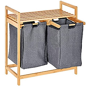 ToiletTree Products Bamboo Hamper with Dual Compartments and Deluxe Bamboo Freestanding Bathroom Organizing Shelf, 5-Tier Shelf Bundle