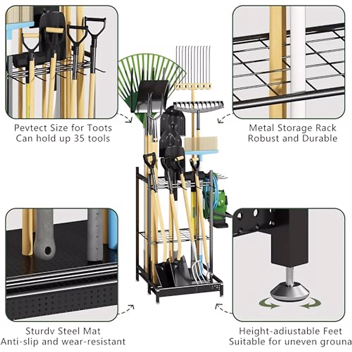 Heavy-Duty Tool Organizer Rack - Spacious Storage for Long-Handled Gardening Tools, Hooks, and Accessories - Durable Metal Construction, Sturdy, Black, Ideal for Garage and Utility Storage