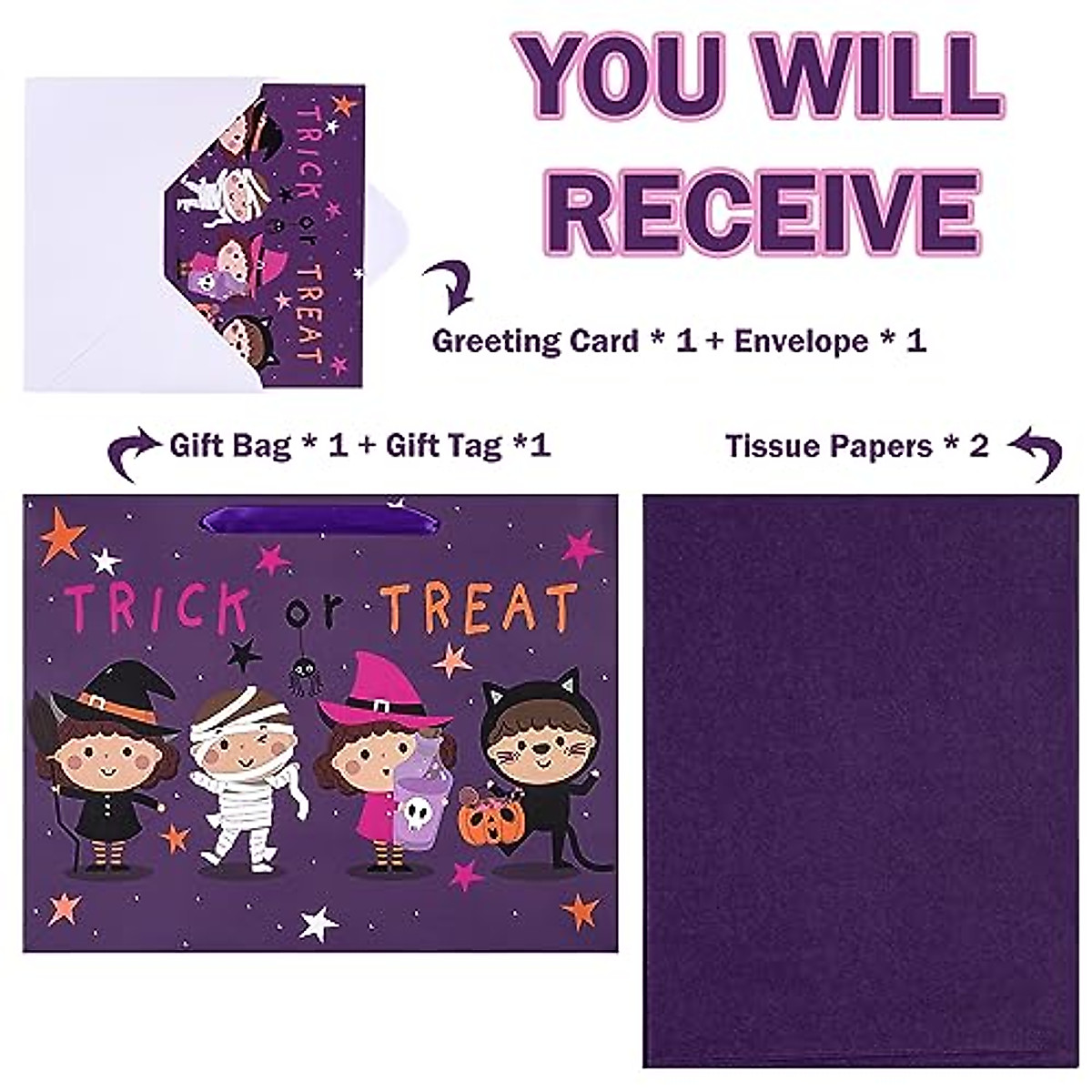 WRAPAHOLIC 13" Halloween Large Gift Bag with Card and Tissue Paper - Adorble Child and Trick or Treat Lettering Design