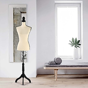 Female Dress Form, 52-64 Inch Adjustable Mannequin Dress Forms for Sewing, Mannequin Torso Jewelry Display Wood Tripod Stand Clothing Forms,Beige