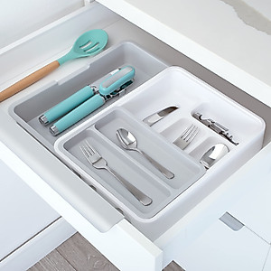 Smart Design 7 Compartment Expandable Drawer Organizer - Sliding Tray - BPA Free - Utensils, Flatware, Office, Personal Care, or Makeup Storage - Kitchen - White with Gray