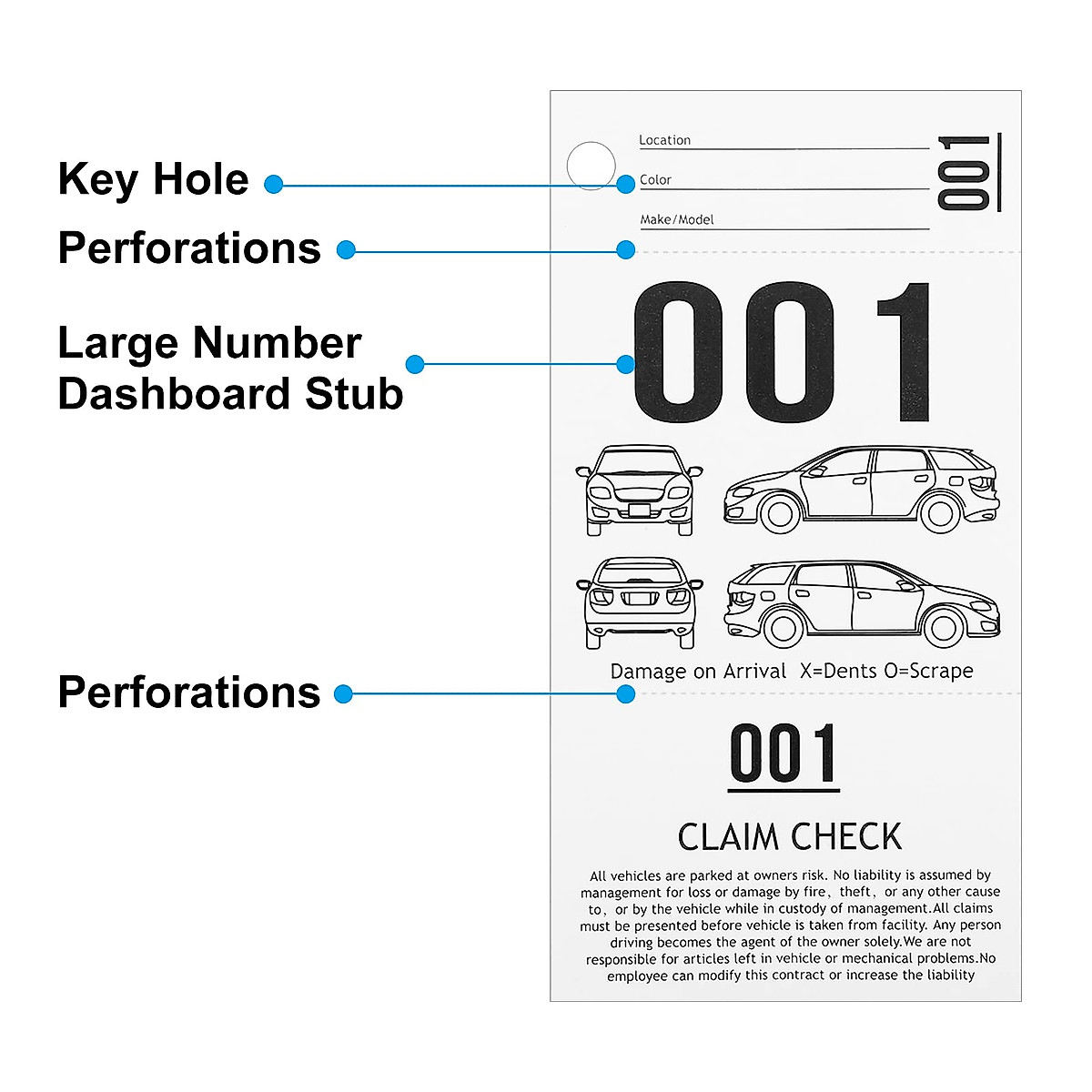 Ireer 1000 Sets Parking Tickets Vehicle Claim Tags with Car Diagram 3 Part Key Tags Perforated Cardstock Temporary Parking Tags Numbered 000-999 with 1000 Pcs Rings