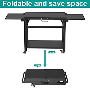Upgrade Foldable Dining Cart Table, Movable Flattop Grill Cart Stand for Blackstone, Weber, Ninja, Portable BBQ Grill, Outdoor Pizza Oven and Other Grill Grddle, Grill Table Cart for Outside Camping