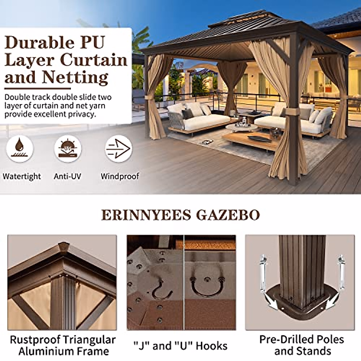 Erinnyees 12' X 14' Hardtop Gazebo,Galvanized Steel Double Roof with Mosquito Net and Shaded Curtains for Patio, Deck, Lawns, Backyard