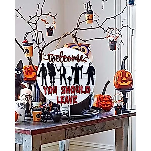 3D Horror Welcome Sign for Front Door Halloween Horror Classic Movie Character Welcome Wooden Door Sign Hanging Decoration,Halloween Wreath for Home Party Indoor Outdoor Porch Wall Decor