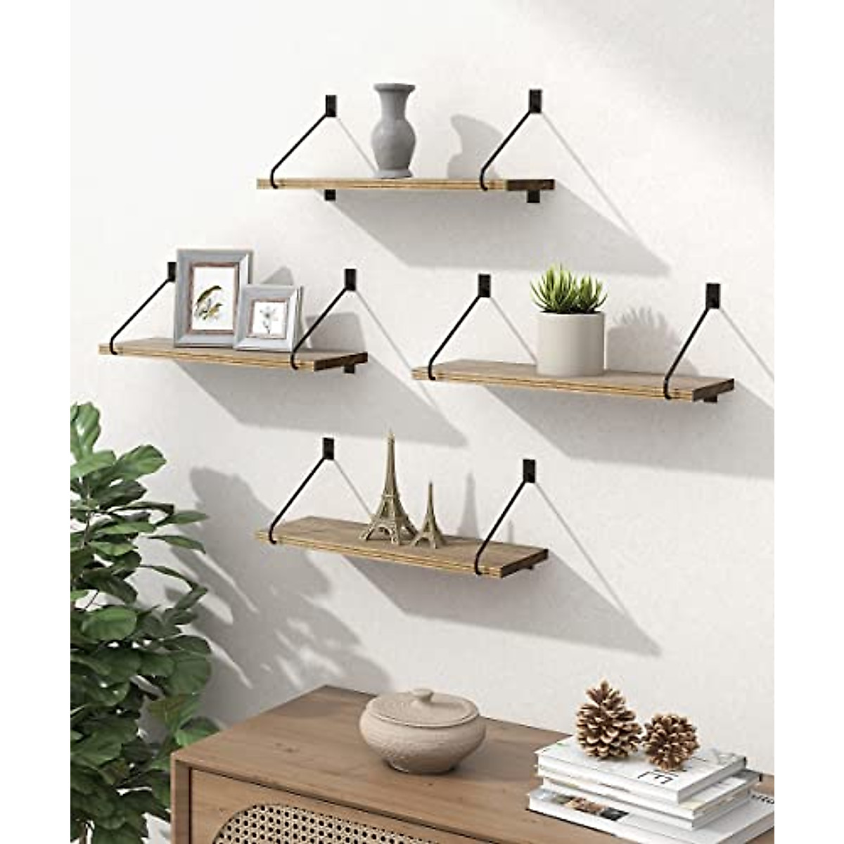 lamplig Floating Shelves Wall Mounted Set of 4, Rustic Wood Wall Storage Shelves with Black Metal Bracket Home Decor Storage Organizer for Bedroom, Living Room, Bathroom, Kitchen, Office