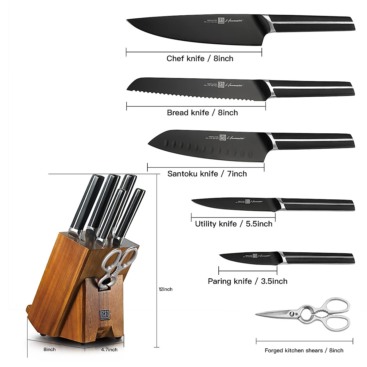 Kitchen Knife Set, Hanmaster 7 Pieces German Steel Knives Set for Kitchen with Acacia Wood Block, Kitchen Scissors, Gift Box Packed.