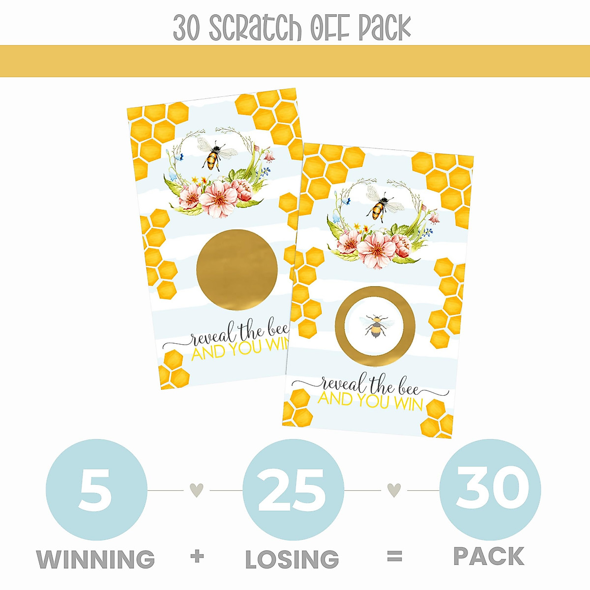 Bumblebee Scratch Off Game Cards (30 Pack) - Fun Bridal Shower Games, Modern Wedding Activities, Lottery Tickets for Door Prizes, Raffle Drawings, Instant Win Scratchers, Baby Shower Party Favors