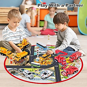 Toddler Toy Cars-Chibon 12pcs Die-Cast Pull Back Car Set with 2 in 1 Collapsible Toy Cars Storage Playmat for Kids,Toddler Truck Toys w/Fire Truck, Excavator，Construction Trucks