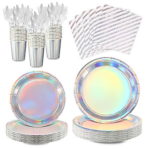 168 Pcs Iridescent Laser Birthday Party Tableware Set, Shiny Iridescent Dessert Plates Cups Sparkle Holographic Foil Napkins for 24 Guest Disco Bridal Wedding Christmas Iridescent Party Decoration