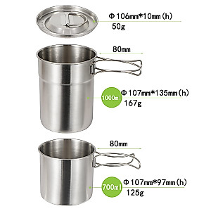DZRZVD Camping Cups and Mugs Pot 2Pcs -304 Food Grade Stainless Steel - Outdoor Cookware Set with Vented Lid -33oz Big+24oz Small for Backpacking Picnic Hiking