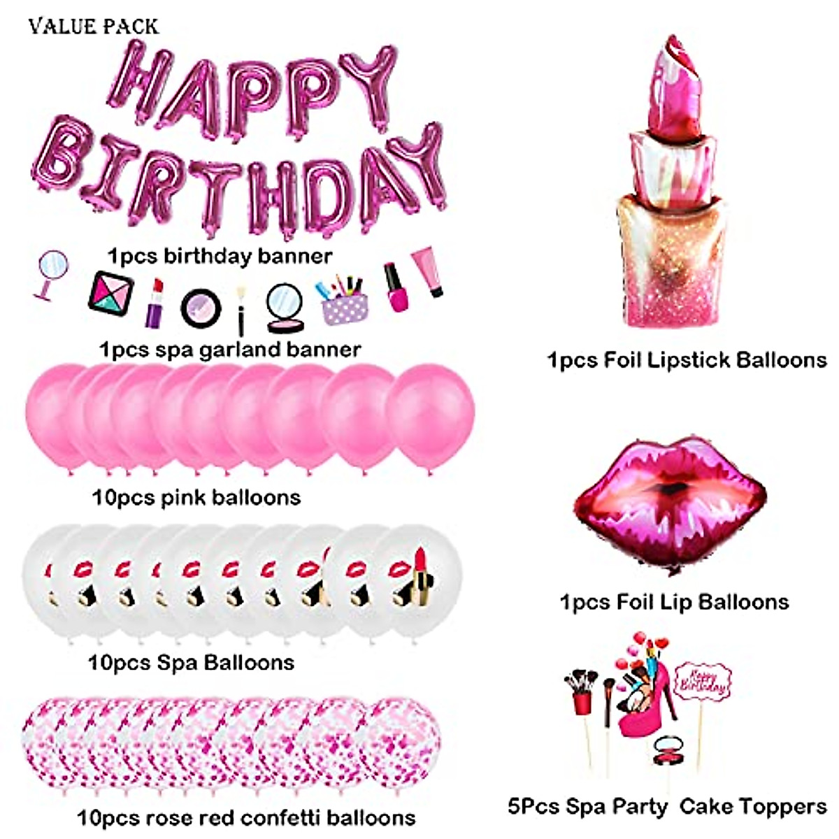 SPA Makeup Party Supplies with Spa Latex Balloon,Lipstick Foil Balloons,Happy Birthday Balloons Banner,Make Up Garland Banner Cake Toppers for Kids Nail Girl Theme,Salon,Spa Birthday Party Decorations