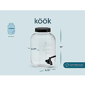 Kook Glass Drink Dispenser, Leak-Proof Stainless Steel Spigot, Clear Mason Jar, Large Beverage Storage for Fridge, Water, Iced Tea, Sangria, Lemonade, Parties, Outdoor Picnic, Pool 1 Gallon (1,Black)