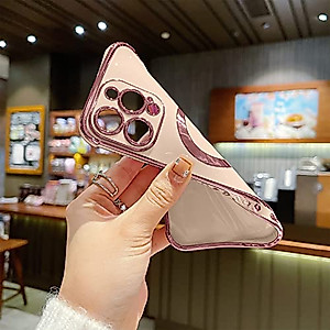 L-FADNUT Magnetic Case for iPhone 14 Pro Max Women Girls Luxury Plating Cute Love Heart Soft Back Cover Full Camera Lens Protection MagSafe Phone Case iPhone 14 Pro Max Case Pink
