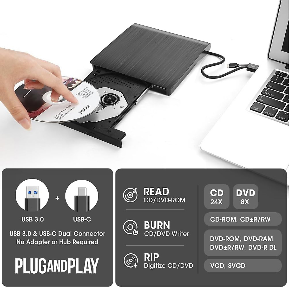 ROOFULL External CD DVD +/-RW Drive USB 3.0 & USB-C Portable CD/DVD ROM Player Burner Reader Writer Rewriter Optical Disc Drive for Laptop Desktop PC, Windows 11/10/8/7, Apple Mac, Linux OS