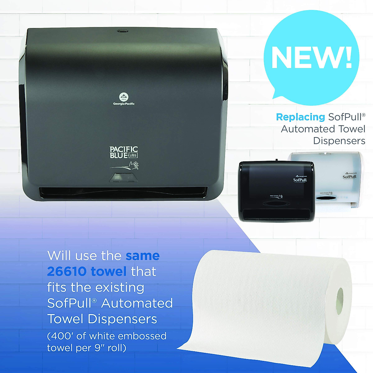 Pacific Blue Ultra 9" Mini Automatic Paper Towel Dispenser by GP PRO (Georgia-Pacific), Black, 54518, 14.1" W x 6.5" D x 11.1" H - New Version