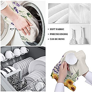 Kitchen Towels Set of 2 Green Leave Tea Dish Towels and Dishcloths Sets Decorative Tea Towel Yellow Sunflower Purple Lavender Absorbent Hand Towels for Kitchen Drying Bathroom Decor Gift 18x28 Inch