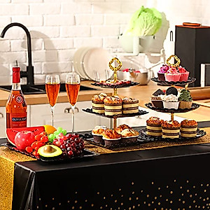 10 Pcs Dessert Table Display Set 3 Tiers Plastic Cupcake Stand Rectangle Serving Trays Tablecloth Sequin Table Runner for Wedding Birthday Baby Shower Tea Party Decorations (Black)