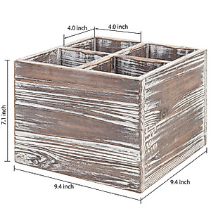 MyGift Rustic Torched Wood Square Cooking Utensil Holder for Kitchen Counter Organizer, Flatware Storage Caddy with 4 Divided Compartments
