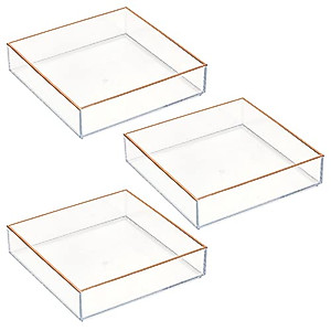 mDesign Plastic Drawer Organizer, Square Storage Tray for Cosmetics, Makeup, and Accessories on Vanity, Countertop, Bathroom, or Cabinet - 3 Pack - Clear/Rose Gold