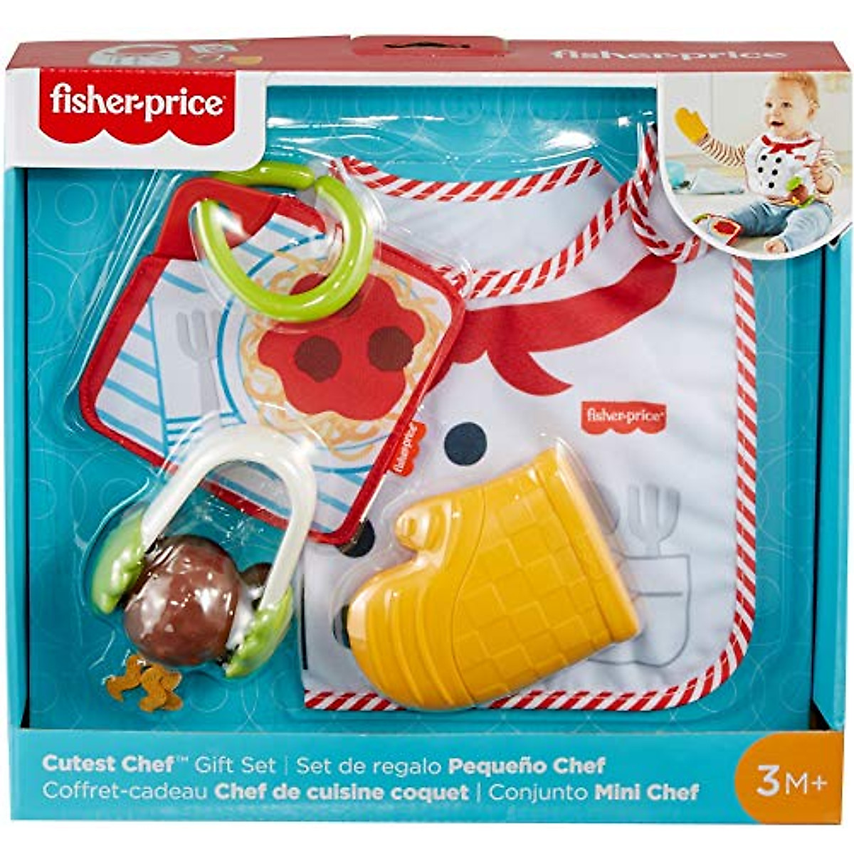Fisher-Price Cutest Chef Gift Set, 4 cooking-themed baby toys with wearable bib and teether for babies ages 3 months and older