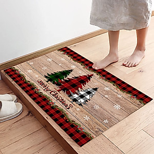 Merry Chirstmas Kitchen Rugs Sets 2 Piece Floor Mats Buffalo Plaid Farm Xmas Tree Snowflake Pine Tree Doormat Non-Slip Backing Area Rugs Carpet Inside Door Mat Pad Sets-19.7" x 31.5"+19.7" x 47.2"